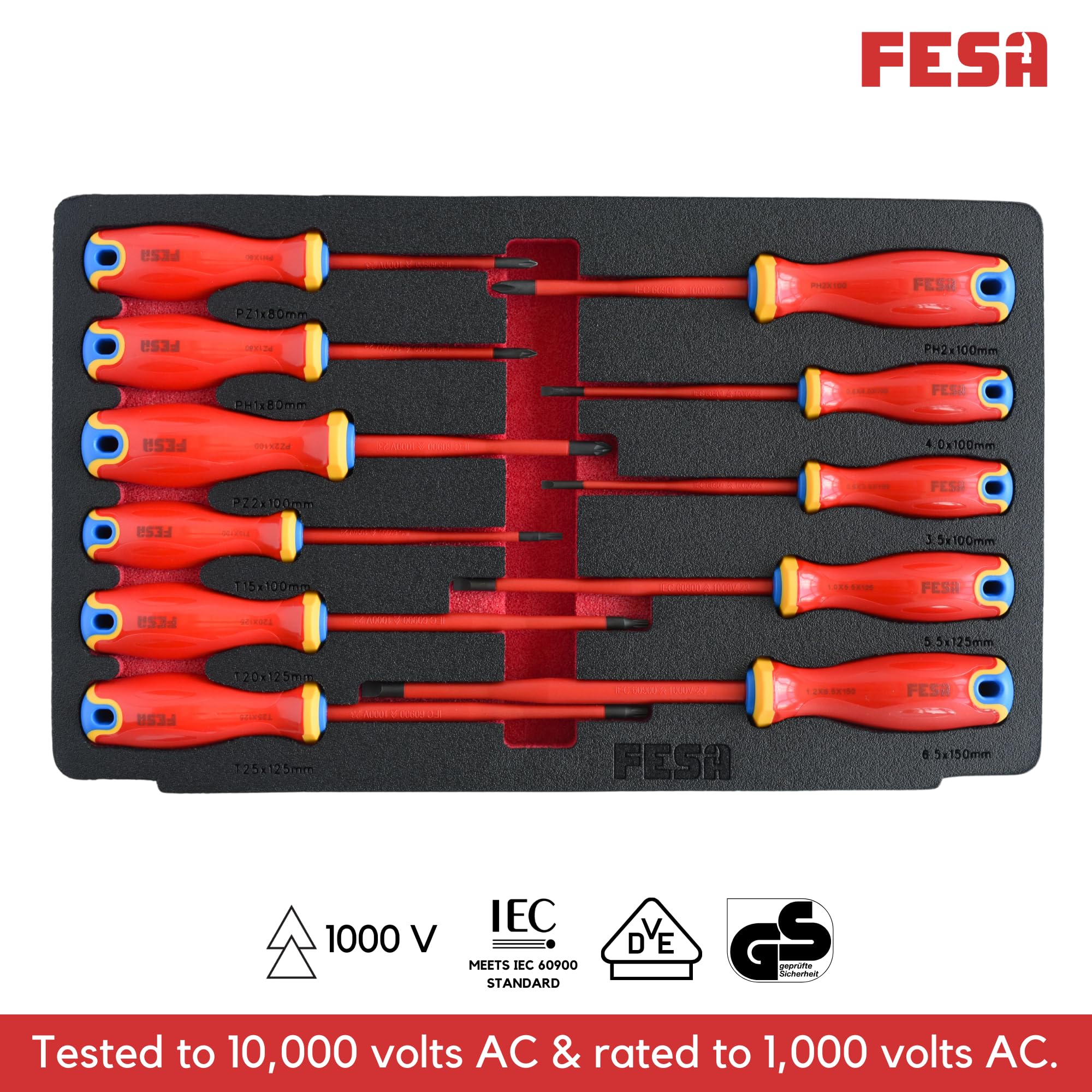 FESA Electrician Insulated Screwdriver Set - 1000V 11-Piece Professional Electrician Screwdriver Set with Magnetic S2 Steel Tips - Pozidriv, Phillips, Flathead or Slotted & Torx - Insulated Tools