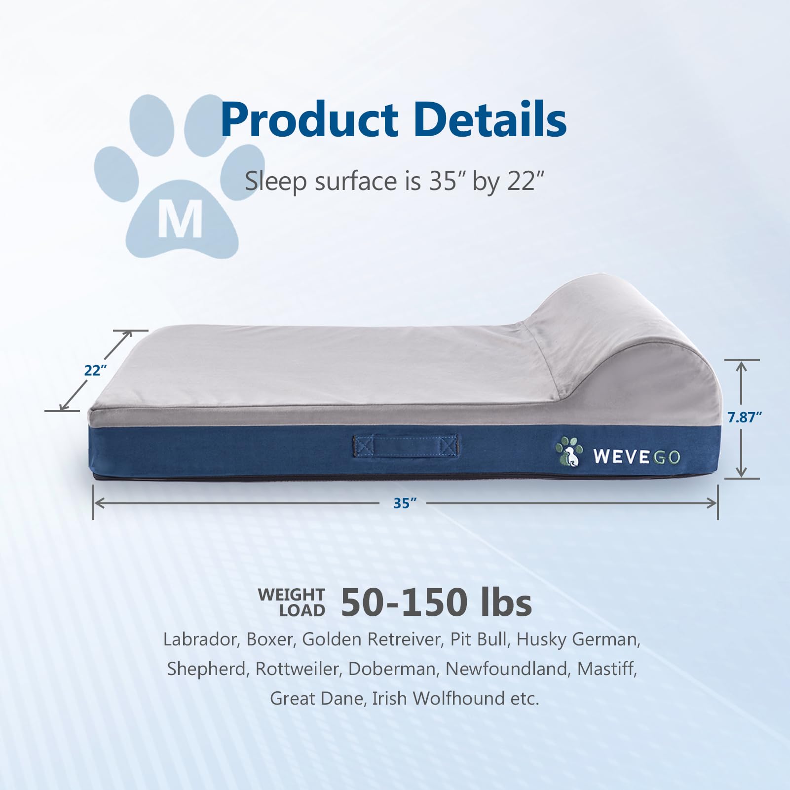 WEVEGO Orthopedic Dog Bed, 7.87-inch Thick Gel Memory Foam Pet Beds with Pillow, Durable Soft Flannel Fabric with Waterproof Liner & Removable Washable Cover Dog Beds for Medium Breed Dogs