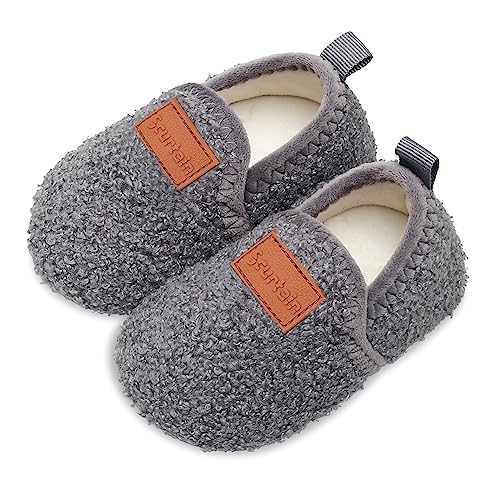 Scurtain Kids Toddler Slippers Socks Artificial Woolen Slippers for Boys Girls Baby with Non-Slip Rubber Sole 2025 Grey 8.5-9 Toddler