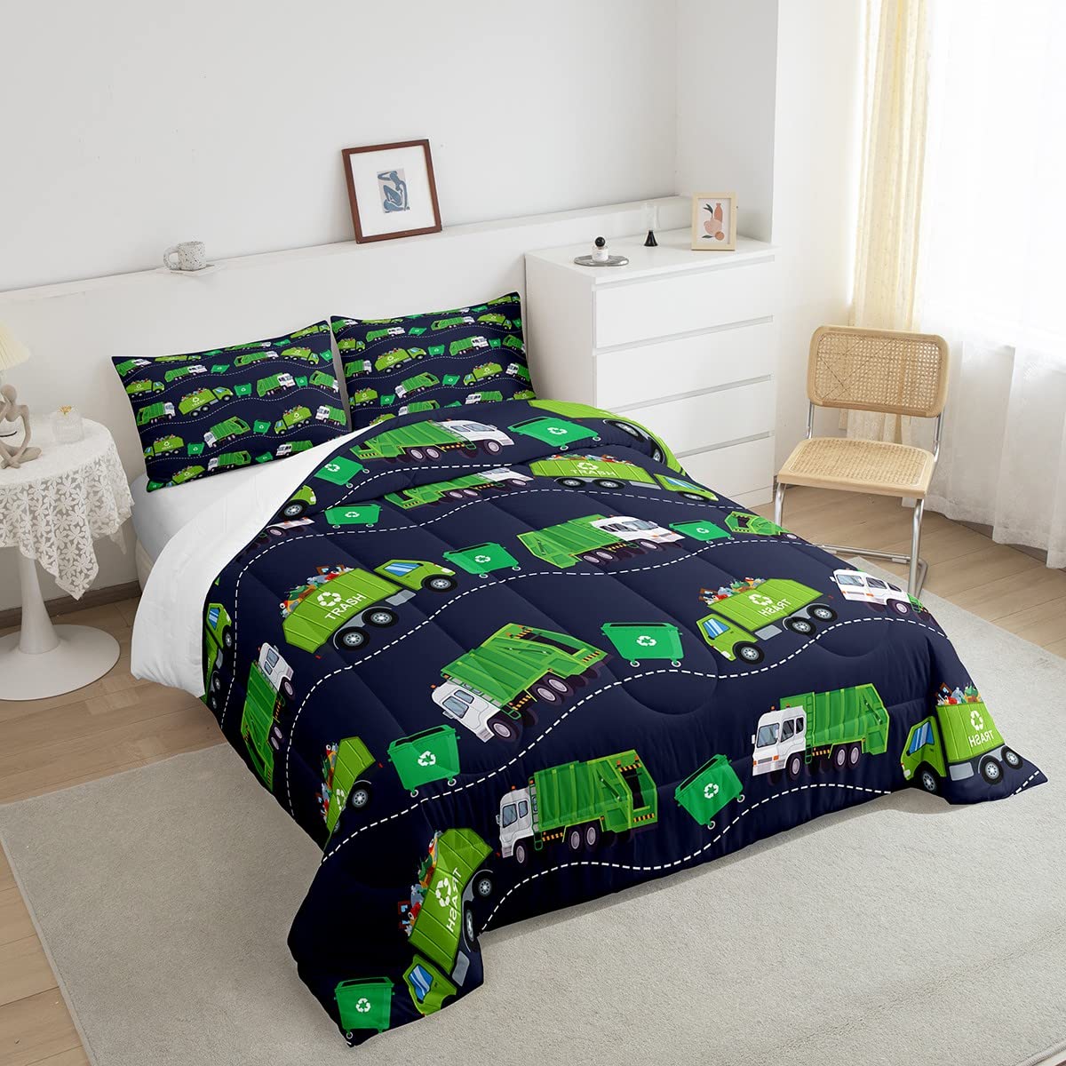 Feelyou Garbage Trucks Comforter Set Queen Size Kids Cartoon Car Comforter for Boys Teens Rubbish Car Bedding Set Vehicles Blue Green Duvet Set Room Decor Quilt Boys