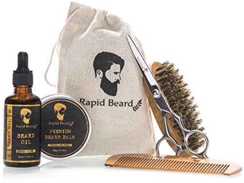 Beard Grooming & Trimming Kit for Men Care - Beard Brush, Beard Comb, Unscented Beard Oil Leave in Conditioner, Mustache & Beard Balm Butter Wax Growth, Styling Scissors - Stocking Stuffers Gift set