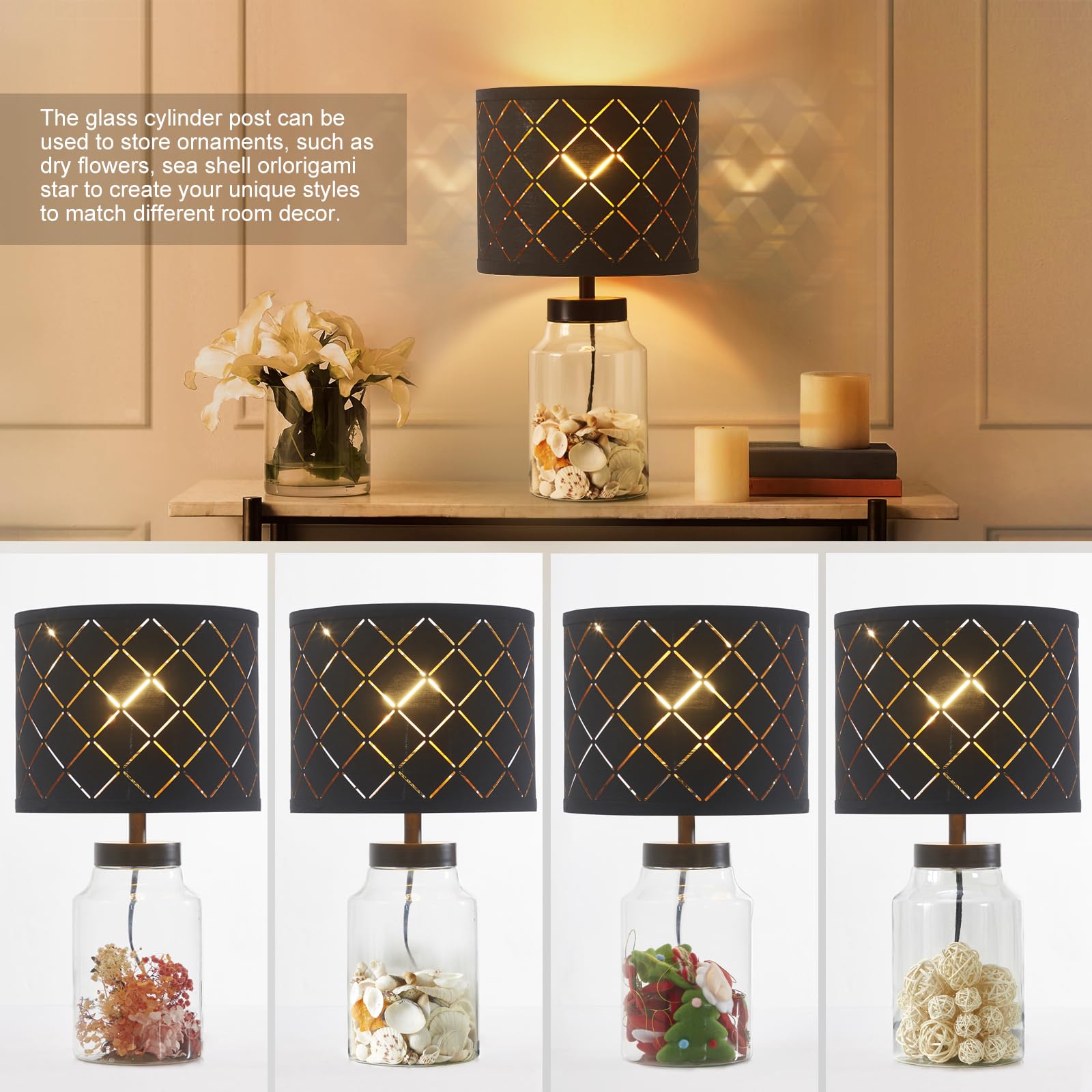 GyroVu Fillable Table Lamp, Lamp with Clear Glass Fillable Modern Table Lamp with Black Square lampshade Beside Lamp for Living Room Bedrooms Office Bulbs Included(Black Square)