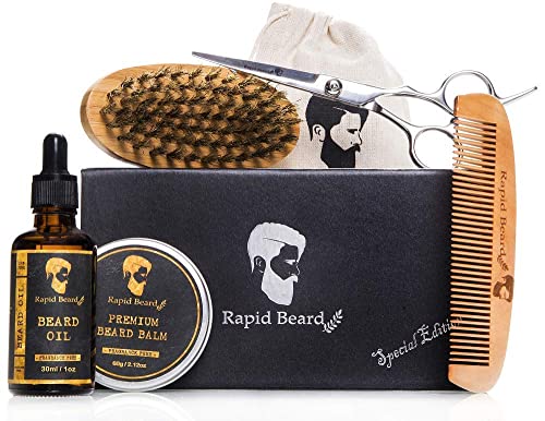 Beard Grooming & Trimming Kit for Men Care - Beard Brush, Beard Comb, Unscented Beard Oil Leave in Conditioner, Mustache & Beard Balm Butter Wax Growth, Styling Scissors - Stocking Stuffers Gift set