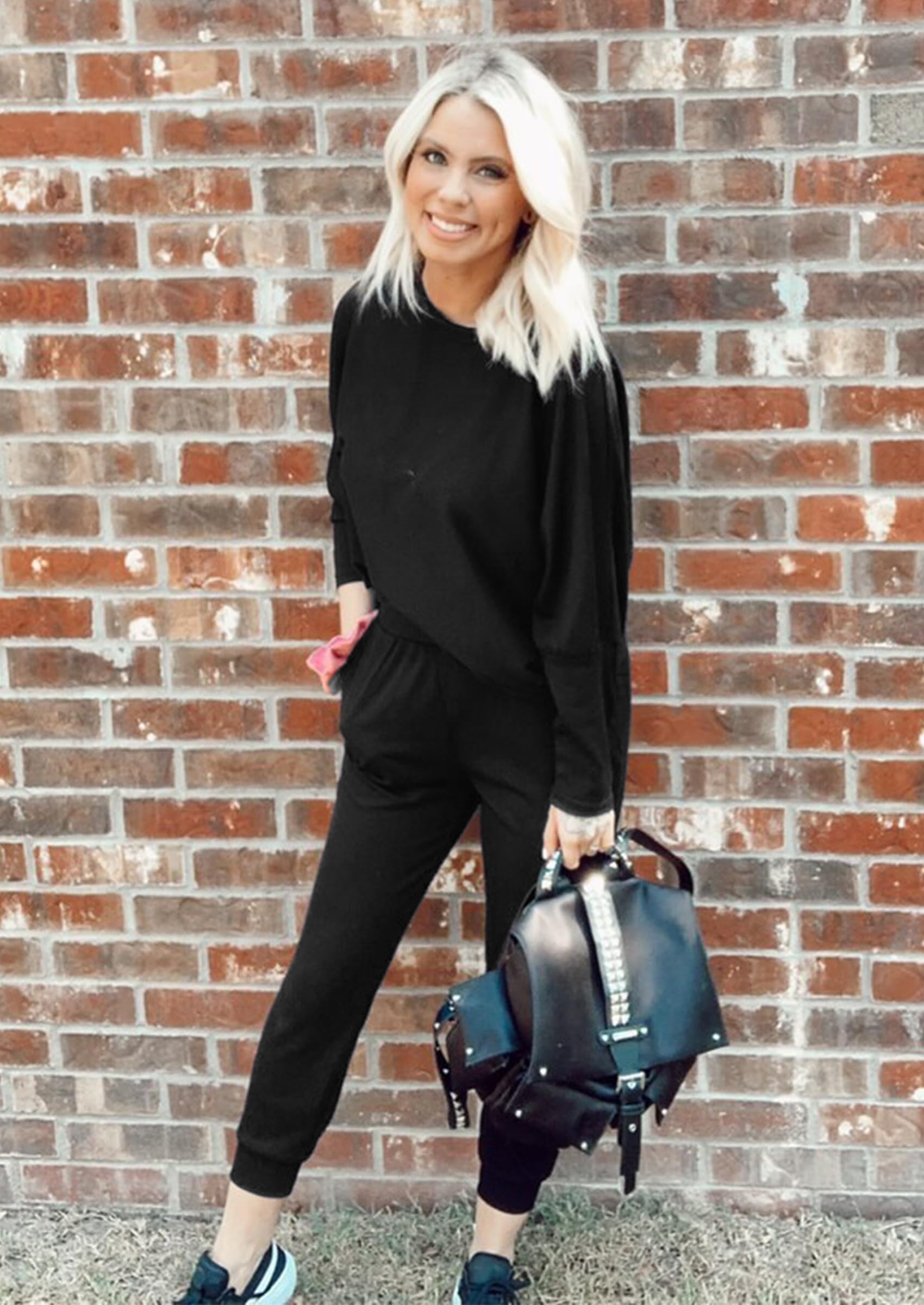 PRETTYGARDEN Women's Fall Fashion Outfits 2 Piece Sweatsuit Long Sleeve Pullover Long Pants Ribbed Matching Lounge Set (Black,X-Large)