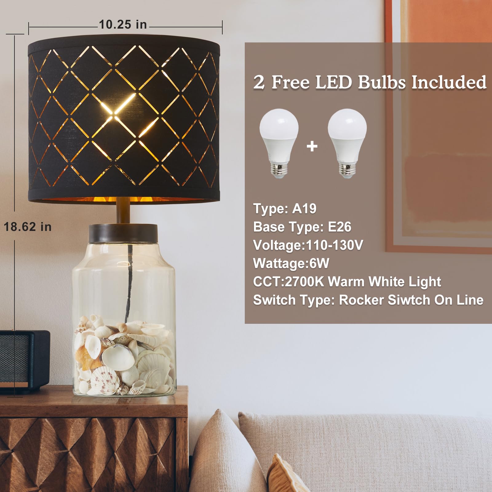 GyroVu Fillable Table Lamp, Lamp with Clear Glass Fillable Modern Table Lamp with Black Square lampshade Beside Lamp for Living Room Bedrooms Office Bulbs Included(Black Square)