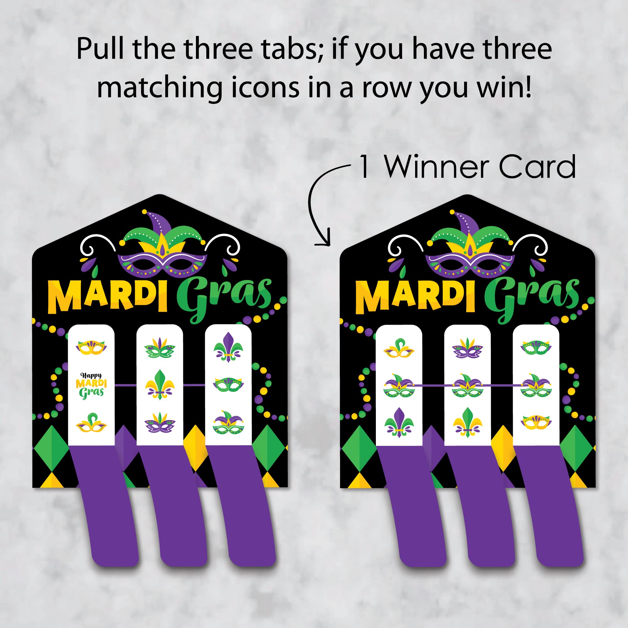 Big Dot of Happiness Colorful Mardi Gras Mask - Masquerade Party Game Pickle Cards - Pull Tabs 3-in-a-Row - Set of 12