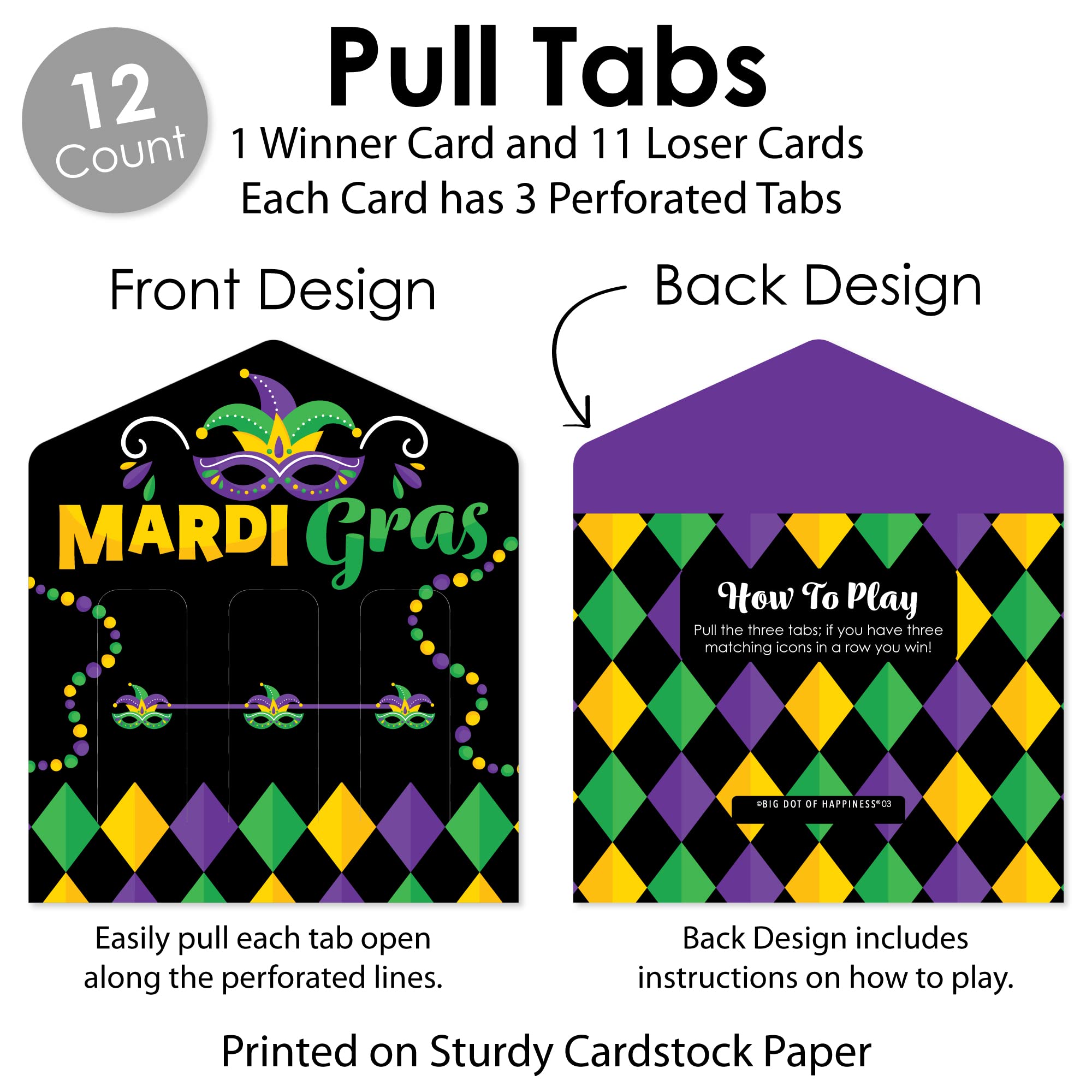 Big Dot of Happiness Colorful Mardi Gras Mask - Masquerade Party Game Pickle Cards - Pull Tabs 3-in-a-Row - Set of 12