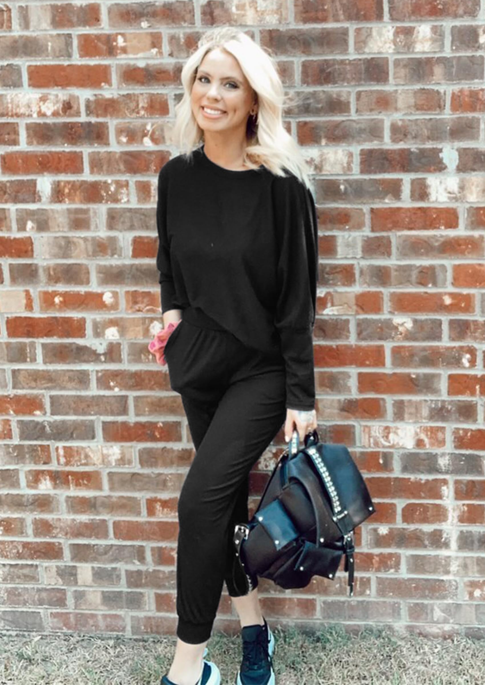 PRETTYGARDEN Women's Fall Fashion Outfits 2 Piece Sweatsuit Long Sleeve Pullover Long Pants Ribbed Matching Lounge Set (Black,X-Large)
