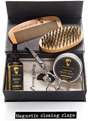 Beard Grooming & Trimming Kit for Men Care - Beard Brush, Beard Comb, Unscented Beard Oil Leave in Conditioner, Mustache & Beard Balm Butter Wax Growth, Styling Scissors - Stocking Stuffers Gift set