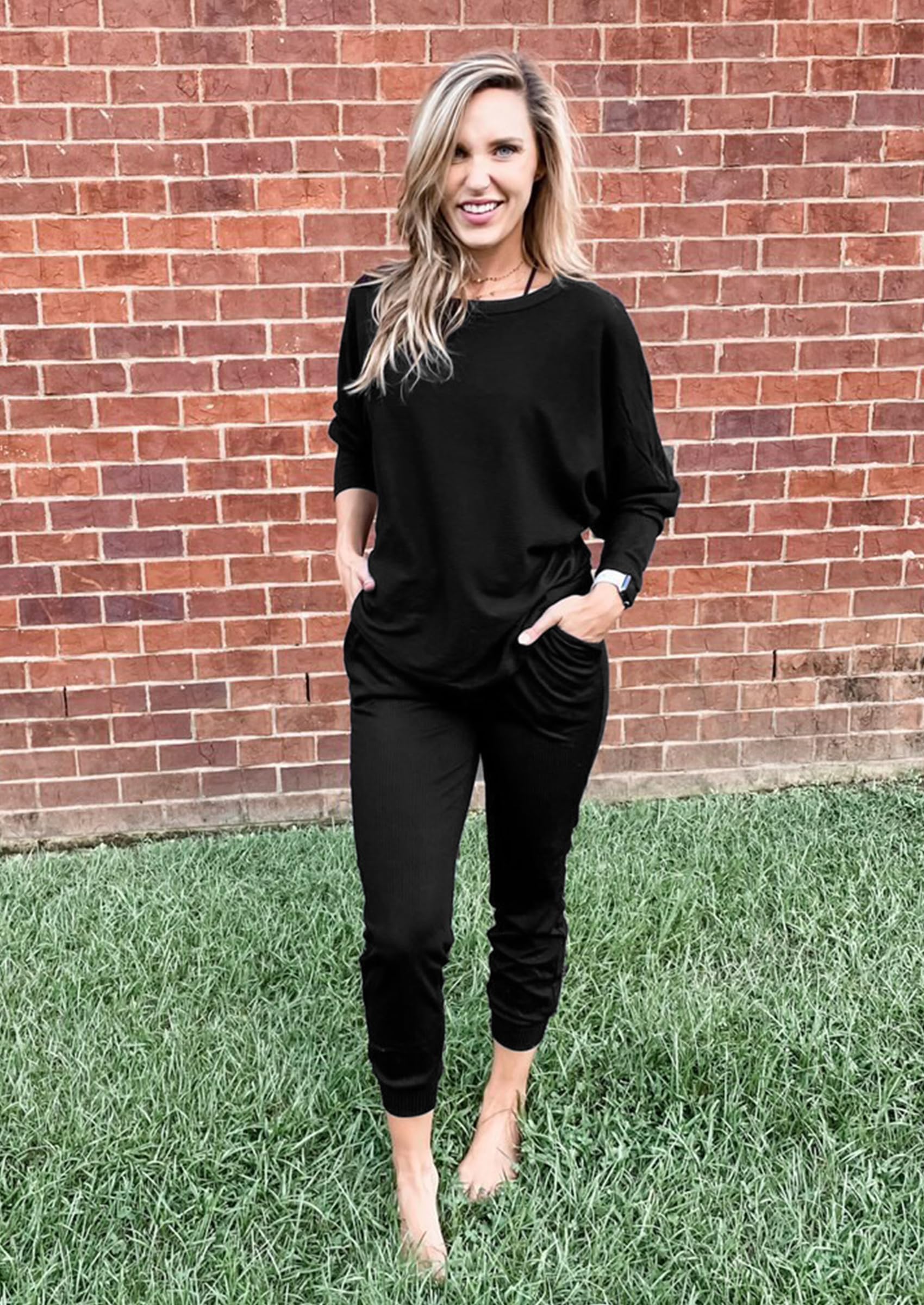 PRETTYGARDEN Women's Fall Fashion Outfits 2 Piece Sweatsuit Long Sleeve Pullover Long Pants Ribbed Matching Lounge Set (Black,X-Large)