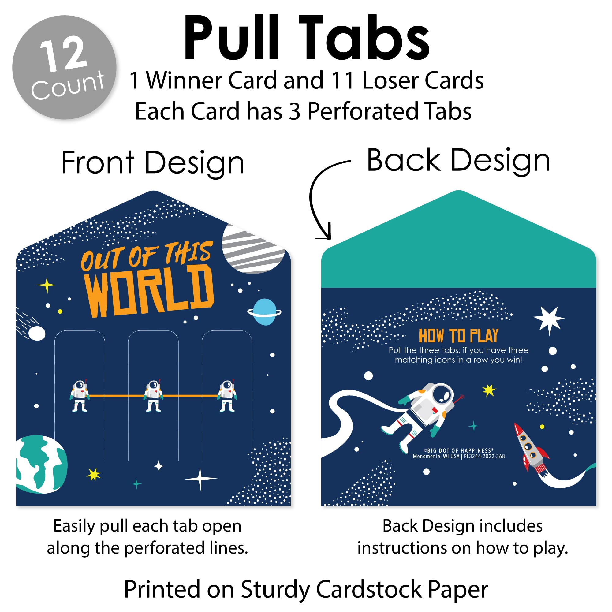 Big Dot of Happiness Blast Off to Outer Space - Rocket Ship Baby Shower or Birthday Party Game Pickle Cards - Pull Tabs 3-in-a-Row - Set of 12