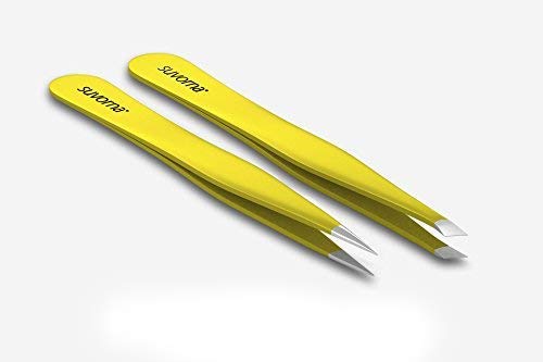 Suvorna 4" Precision Aligned Professional Tweezers Color Sets with Premium Stainless Steel. One Sharp Pointed Pair and One Slant Tip Pair for Eyebrow Shaping. Great for Ingrown Hair. (Yellow)