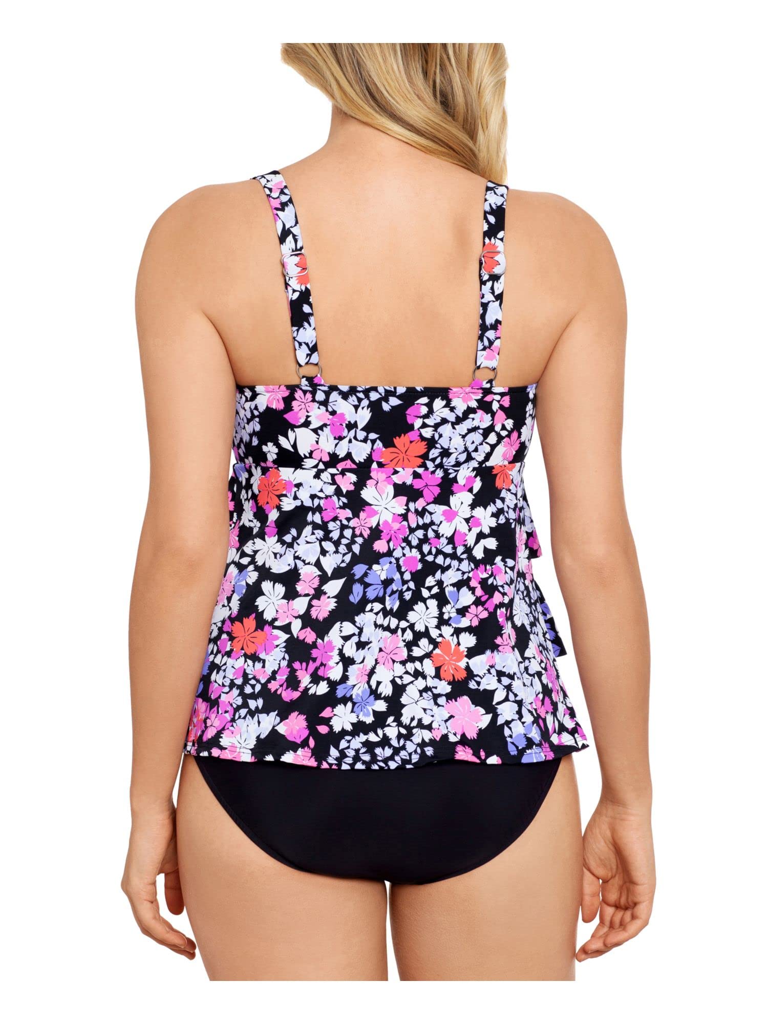 Swim Solutions Women's Black Floral Stretch Full Bust Support Tummy Control Tiered Dancing Queen One Piece Swimsuit 8