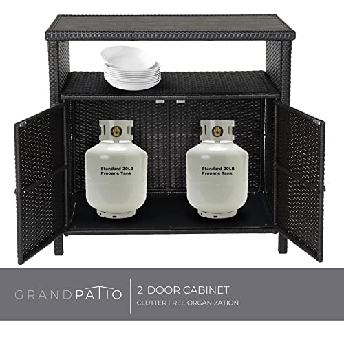 Grand patio Wicker Storage Cabinet Outdoor Waterproof Buffet Cabinet Patio Bar Table with Two Doors and Shelves Wicker Sideboard for Garden Kitchen Pool Dark Brown