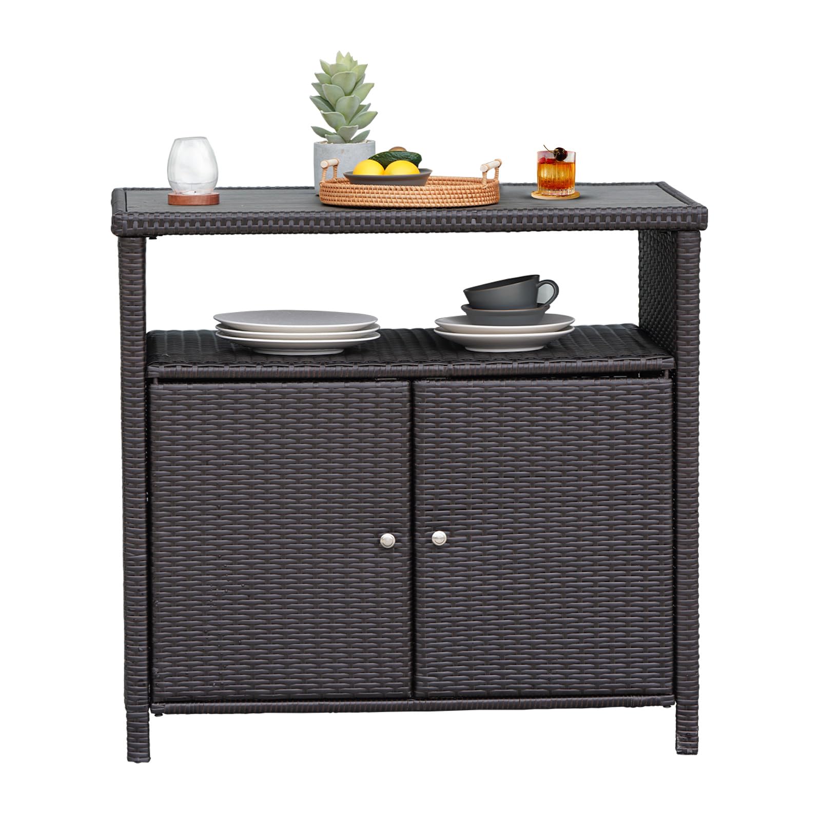 Grand patio Wicker Storage Cabinet Outdoor Waterproof Buffet Cabinet Patio Bar Table with Two Doors and Shelves Wicker Sideboard for Garden Kitchen Pool Dark Brown