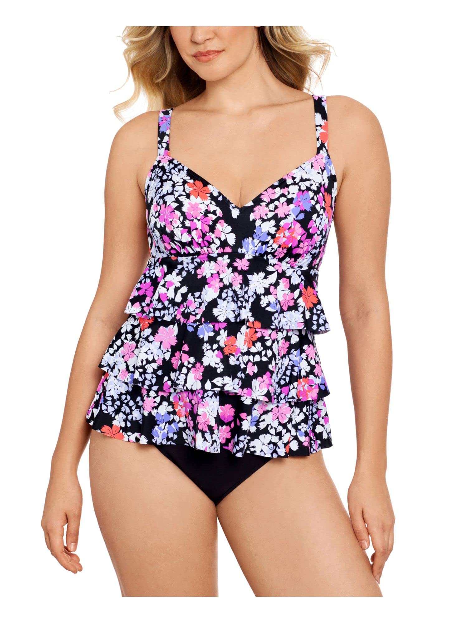 Swim Solutions Women's Black Floral Stretch Full Bust Support Tummy Control Tiered Dancing Queen One Piece Swimsuit 8