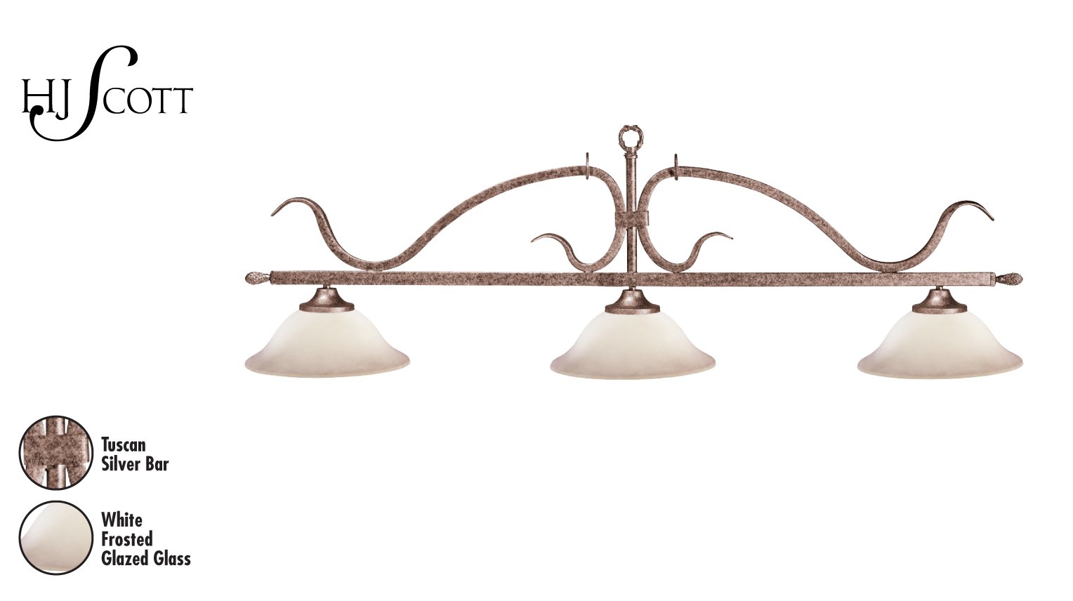 Hj Scott Decorator Traditional Billiard Table Light with Tuscan Silver Bar and 3 Frosted Alabaster Etched Glass Shades, 21 x 56-Inch
