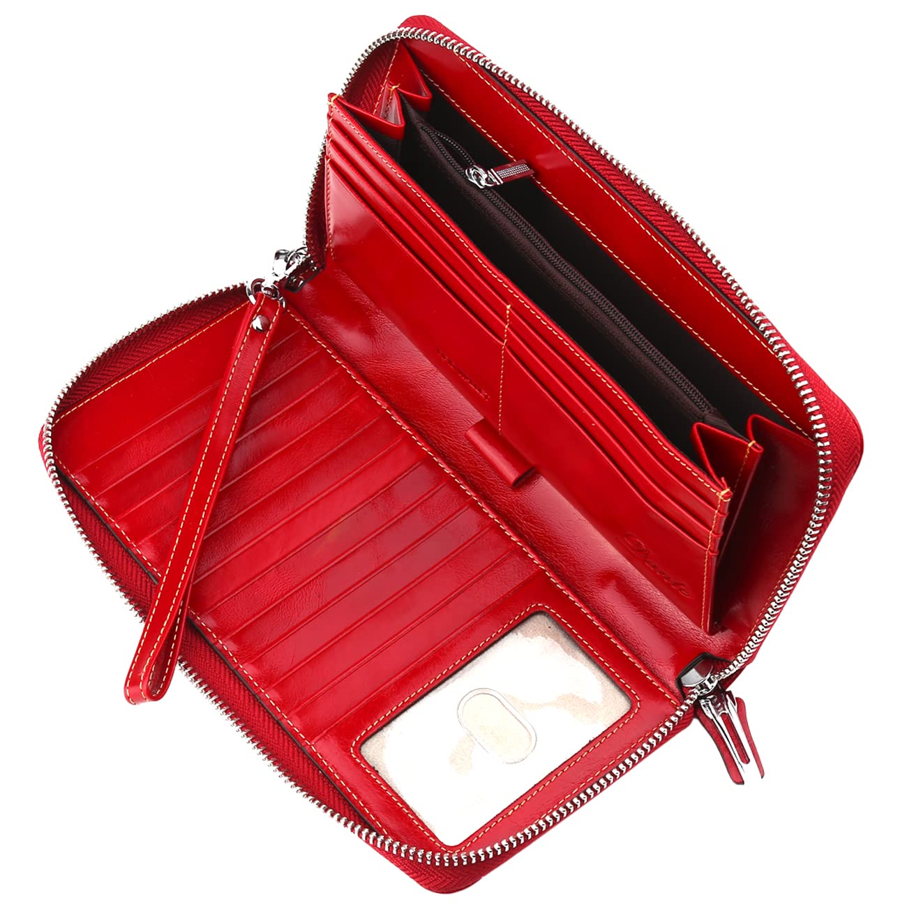 Lavemi Women's RFID Blocking 100% Leather Large Capacity Zip Around Wallet Phone Holder Clutch Travel Purse Wristlet(Large Size Red)
