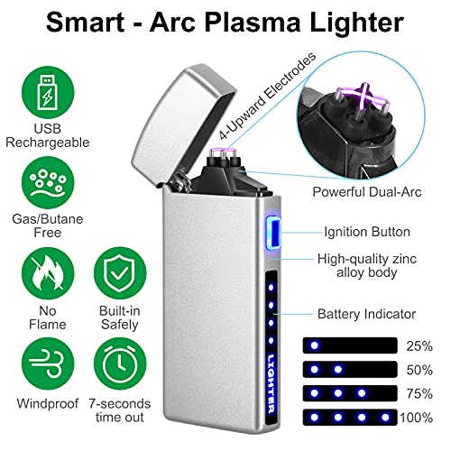 Lighter - Gunoze Electric Lighter Windproof Double ARC Plasma Lighter, USB Rechargeable Lighter with Battery Indicator for Fire, Candle, Outdoors, Adventure, Camping, Hiking