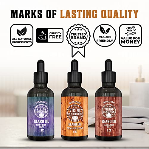 Viking Revolution Beard Oil Conditioner 3 Pack - All Natural Variety Set - Sandalwood, Pine & Cedar, Clary Sage Conditioning and Moisturizing for a Healthy Beard