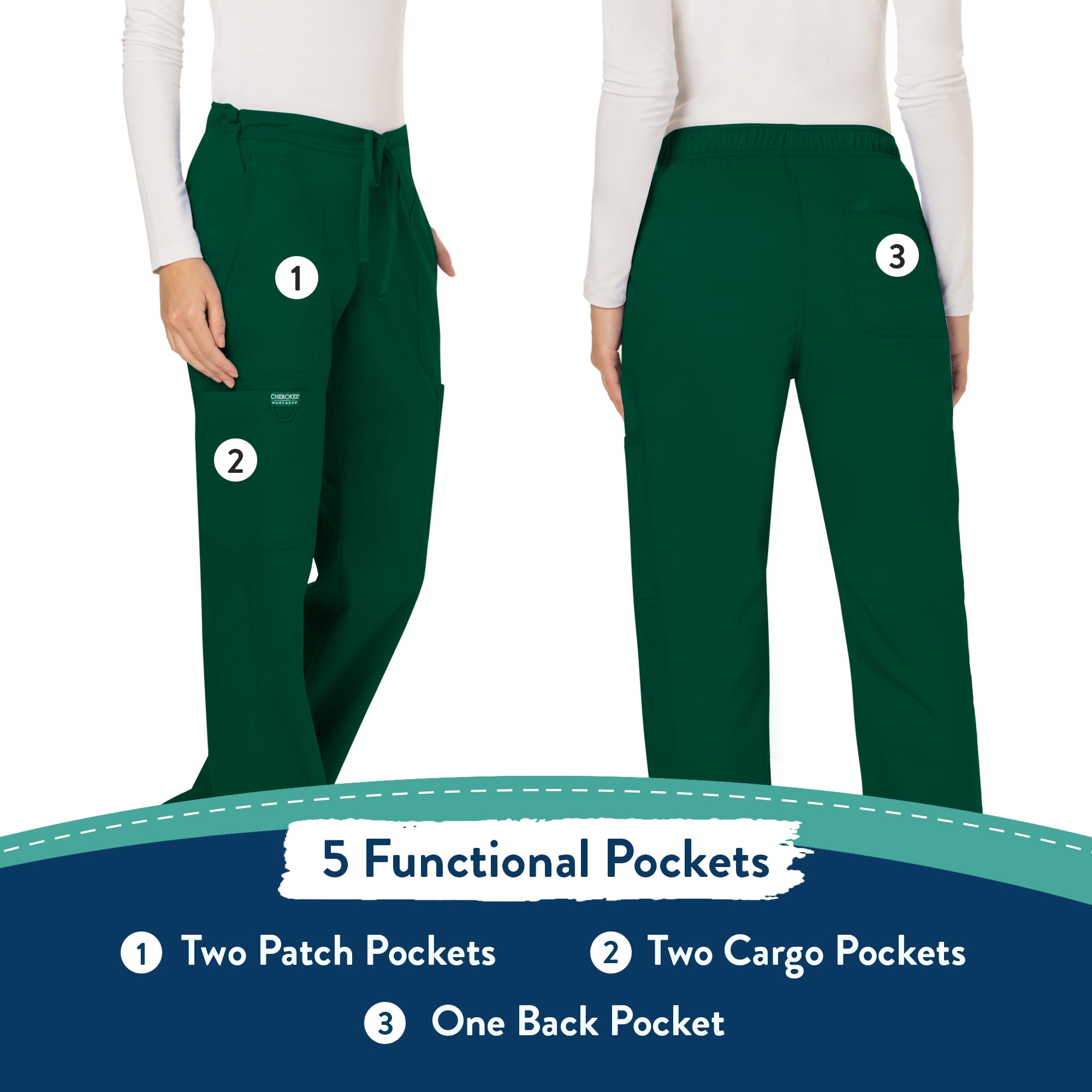 WW Revolution by Cherokee Women's Mid Rise Moderate Flare Drawstring Pant Tall, Hunter Green, X-Small Tall