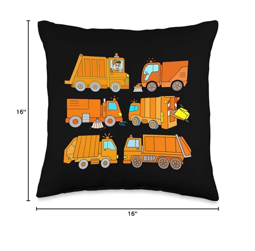 Bin Collection and Street Cleaner Vehicles Garbage Trash Trucks Rubbish Collection Sweeper Car Throw Pillow, 16x16, Multicolor