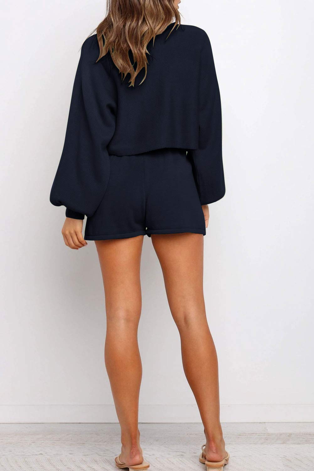 ZESICA Women's Casual Long Sleeve Solid Color Knit Pullover Sweatsuit 2 Piece Short Sweater Outfits Sets,Navy,Medium
