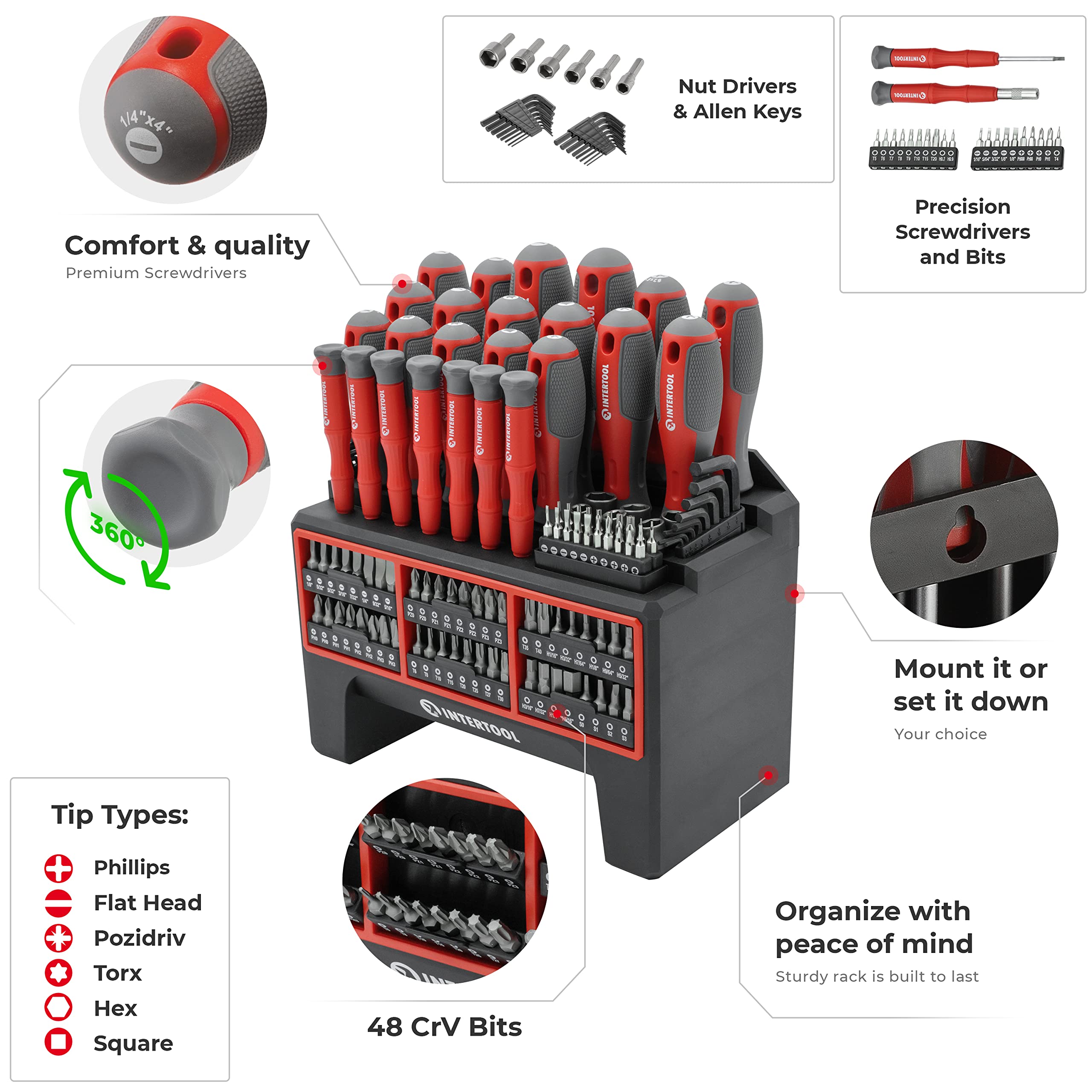 INTERTOOL 114-Piece Screwdriver Set with Mountable Rack, Magnetic Tips, Swivel-End Precision Screwdrivers, Bits, Nut Drivers, Hex Keys, DIY, Tool Gift VT08-3372
