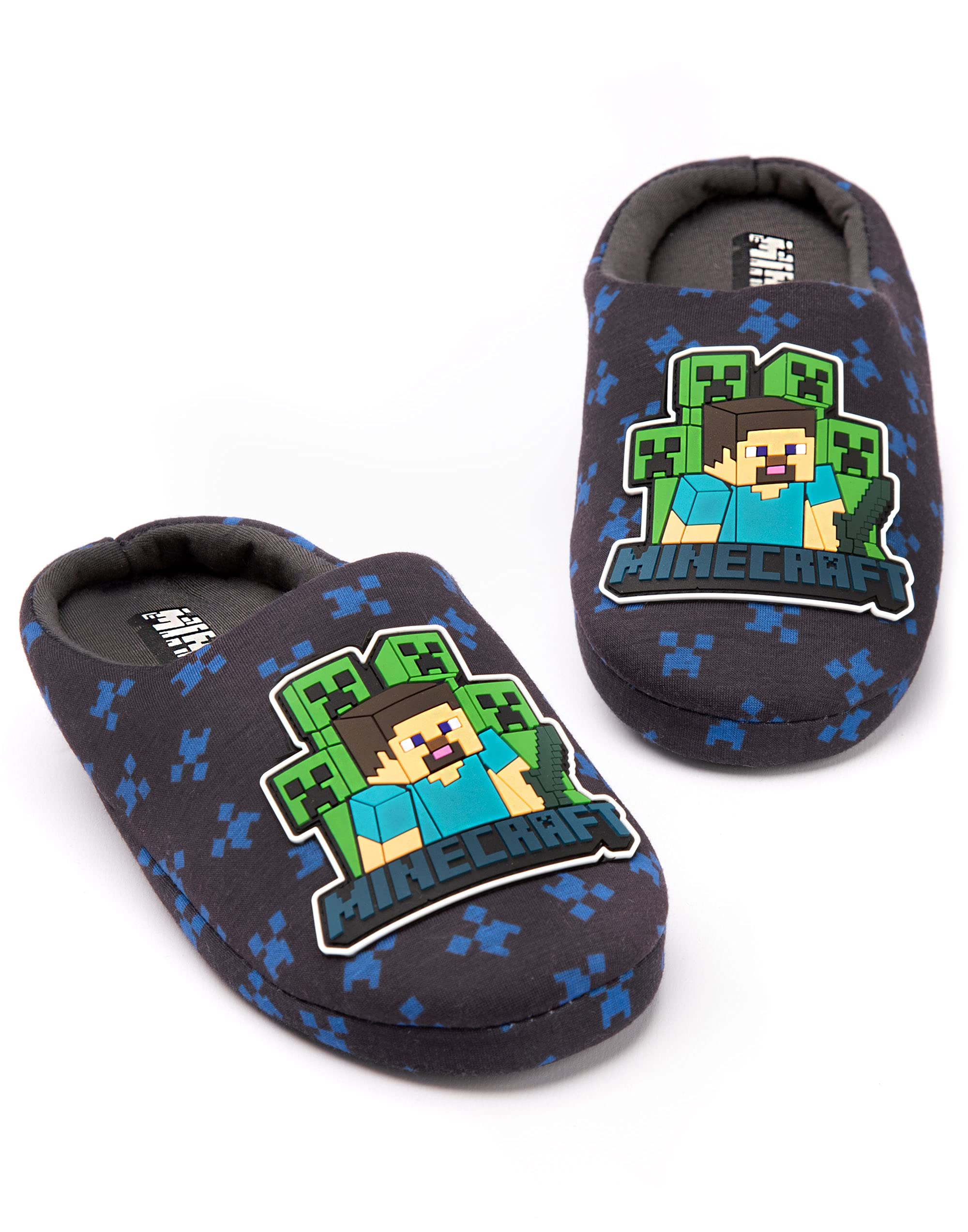 Minecraft Slippers Boys Kids Blue Creeper vs Zombie TNT House Shoes 1.5 US