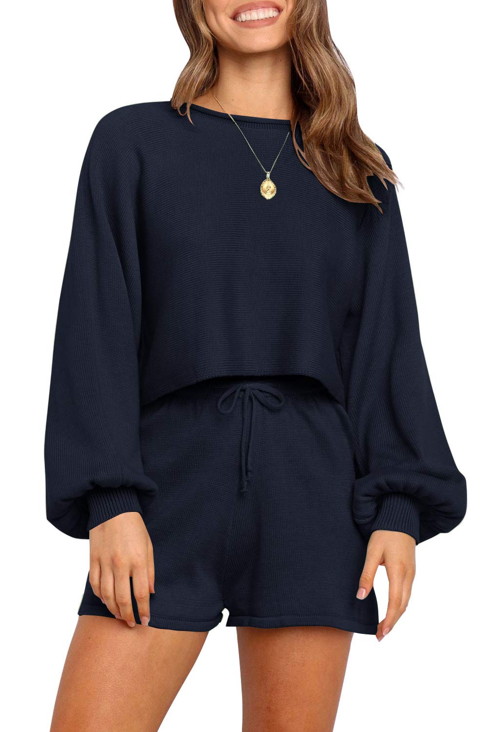ZESICA Women's Casual Long Sleeve Solid Color Knit Pullover Sweatsuit 2 Piece Short Sweater Outfits Sets,Navy,Medium
