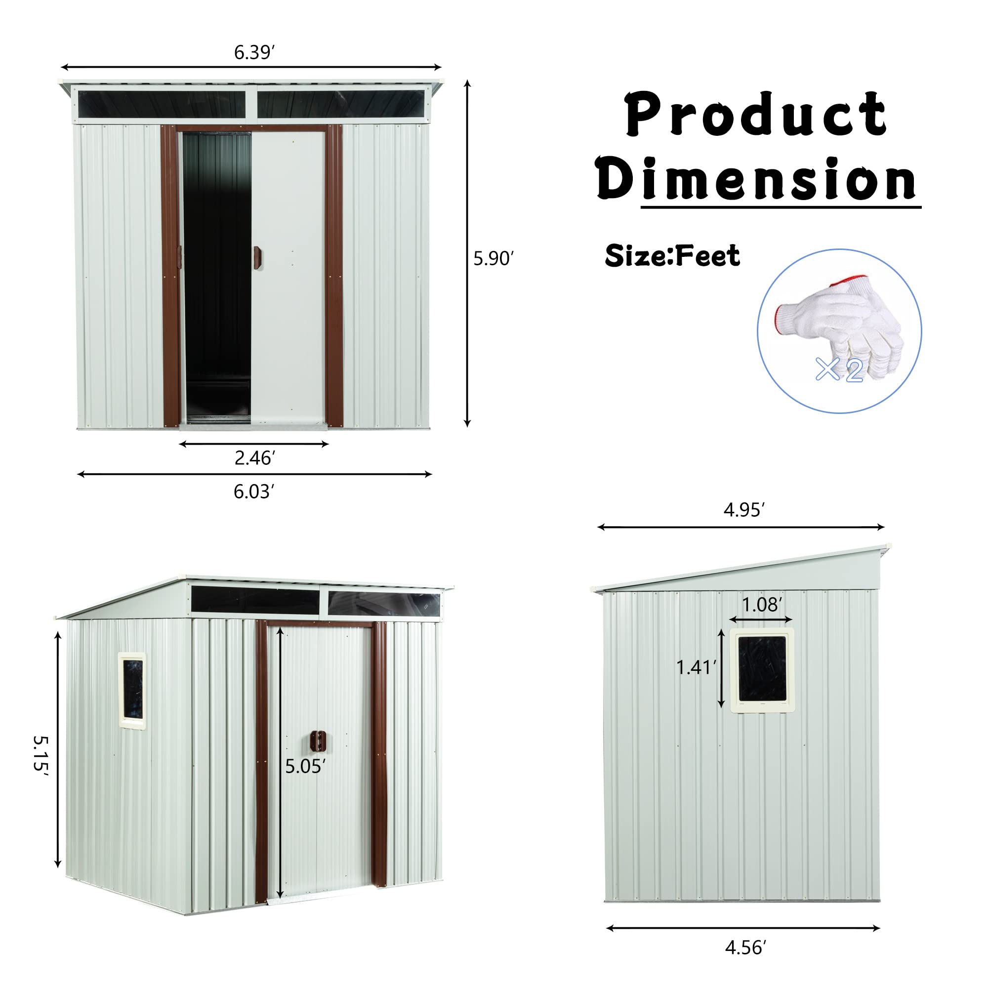 FRANSOUL 6ft x 5ft Outdoor Metal Storage Shed with Window, Outdoor Storage Shed with Lockable Sliding Doors, Floor Frame, Sun Protection, Waterproof Tool Storage Shed for Patio, Lawn,Backyard, White