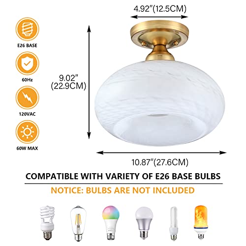 Pia Ricco Mid Century Semi Flush Mount Ceiling Light Gold, Globe Opal Glass Shade Ceiling Light Fixture, Modern Hallway Light Fixtures for Entryway Kitchen Bathroom Laundry Bedroom