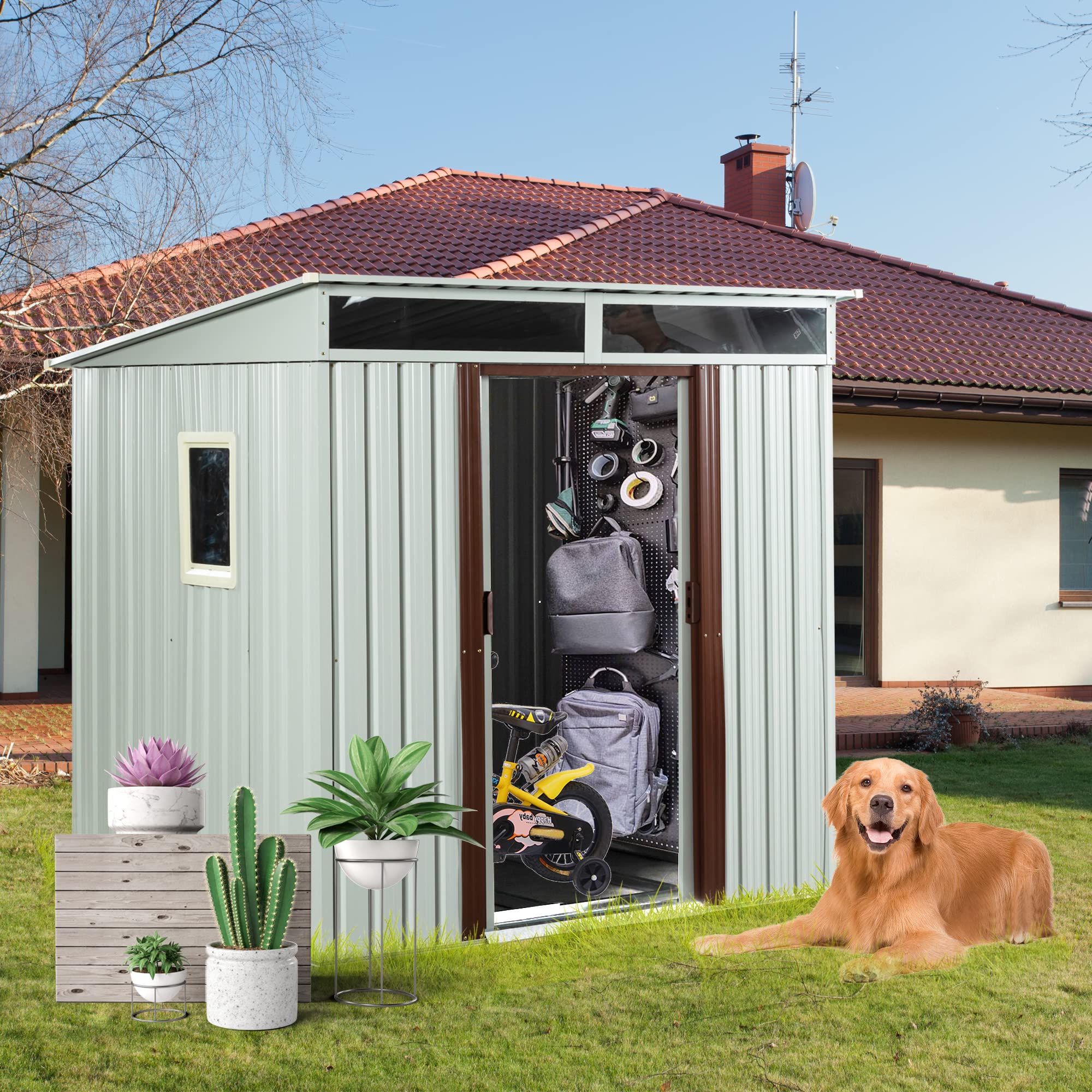 FRANSOUL 6ft x 5ft Outdoor Metal Storage Shed with Window, Outdoor Storage Shed with Lockable Sliding Doors, Floor Frame, Sun Protection, Waterproof Tool Storage Shed for Patio, Lawn,Backyard, White