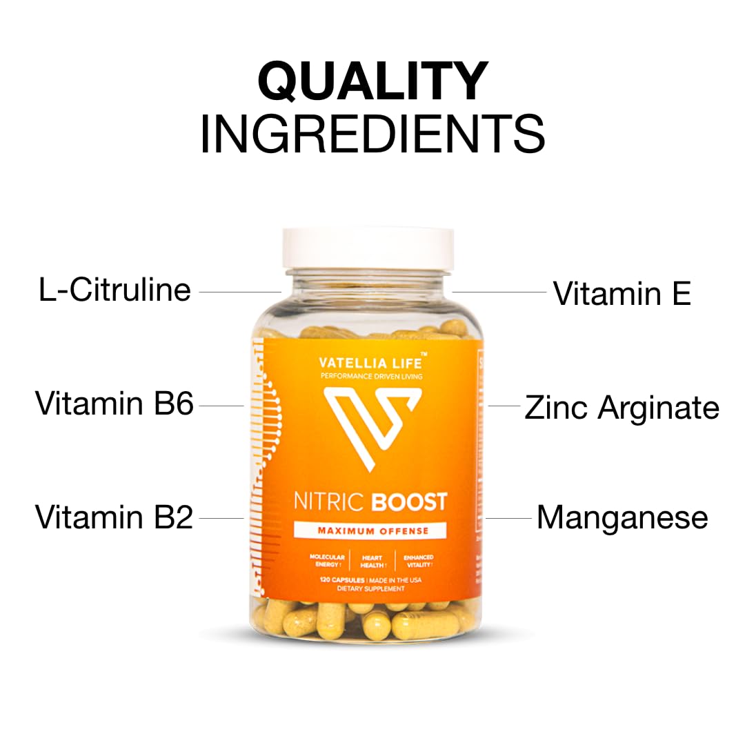 Vatellia Life Nitric Boost - Nitric Oxide Supplement for Men | High Absorption Formula | 100% Natural Ingredients | Best Nitric Oxide Booster | Increase Blood Flow | 2 Month Supply