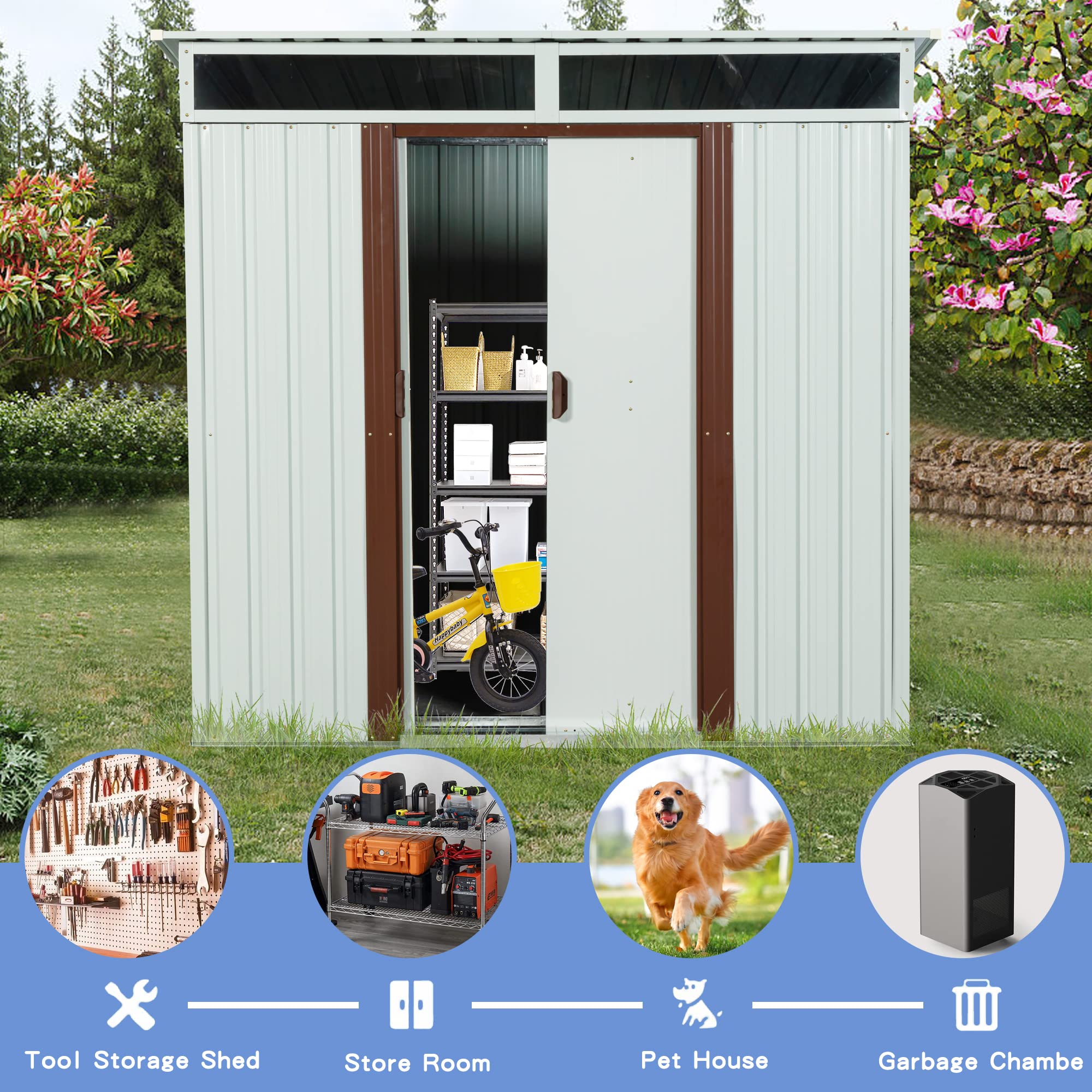 FRANSOUL 6ft x 5ft Outdoor Metal Storage Shed with Window, Outdoor Storage Shed with Lockable Sliding Doors, Floor Frame, Sun Protection, Waterproof Tool Storage Shed for Patio, Lawn,Backyard, White