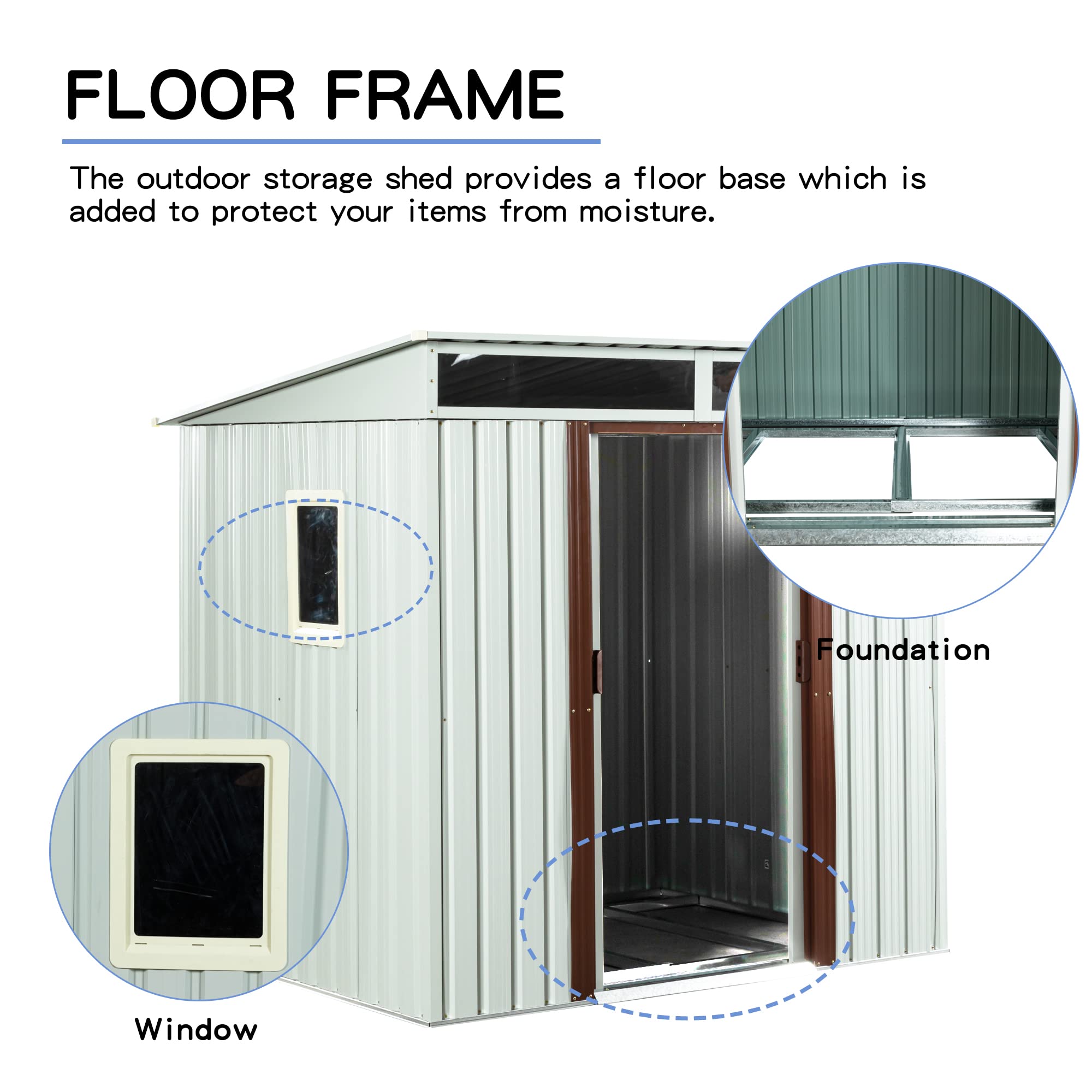 FRANSOUL 6ft x 5ft Outdoor Metal Storage Shed with Window, Outdoor Storage Shed with Lockable Sliding Doors, Floor Frame, Sun Protection, Waterproof Tool Storage Shed for Patio, Lawn,Backyard, White