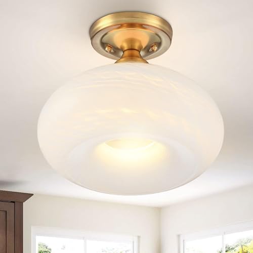 Pia Ricco Mid Century Semi Flush Mount Ceiling Light Gold, Globe Opal Glass Shade Ceiling Light Fixture, Modern Hallway Light Fixtures for Entryway Kitchen Bathroom Laundry Bedroom