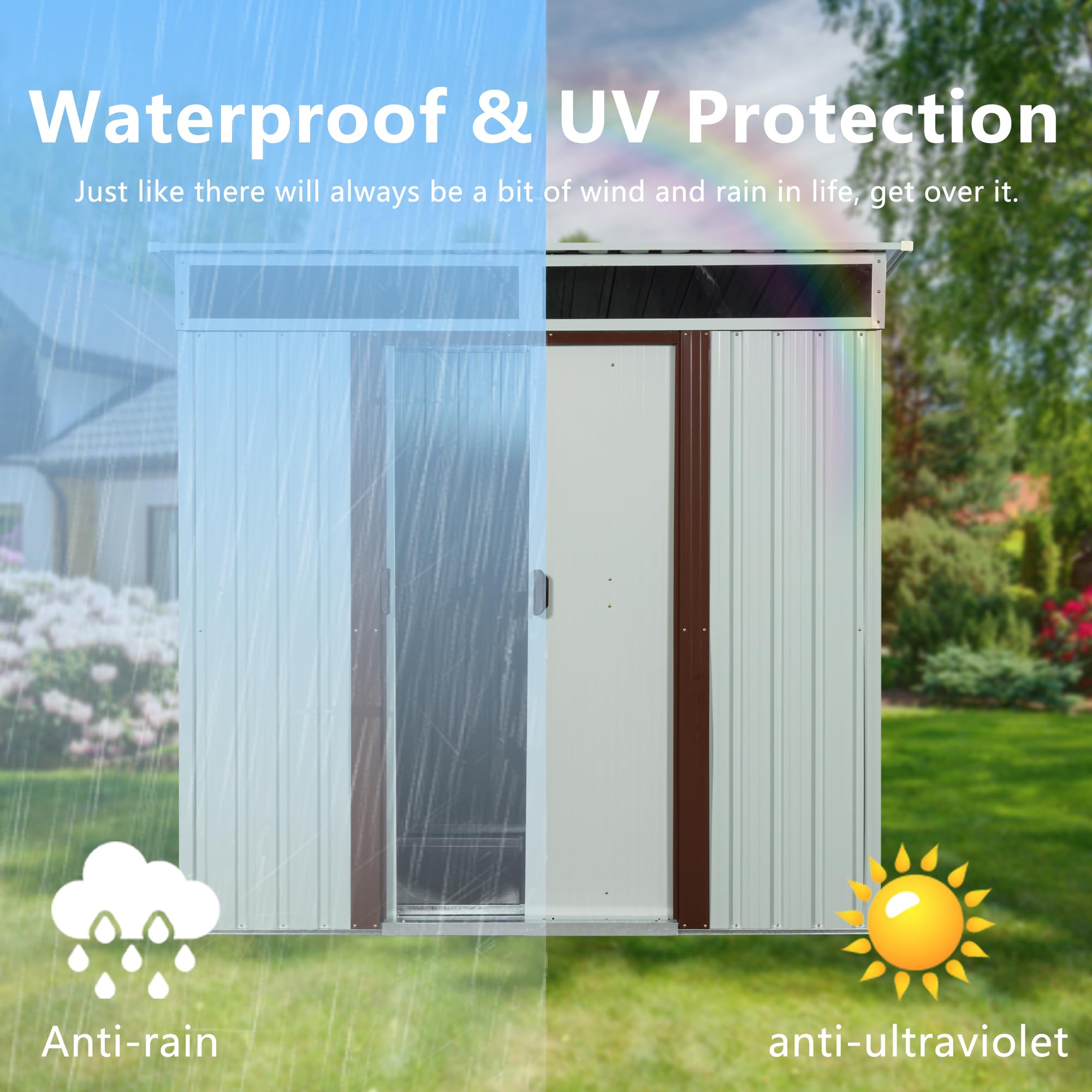 FRANSOUL 6ft x 5ft Outdoor Metal Storage Shed with Window, Outdoor Storage Shed with Lockable Sliding Doors, Floor Frame, Sun Protection, Waterproof Tool Storage Shed for Patio, Lawn,Backyard, White
