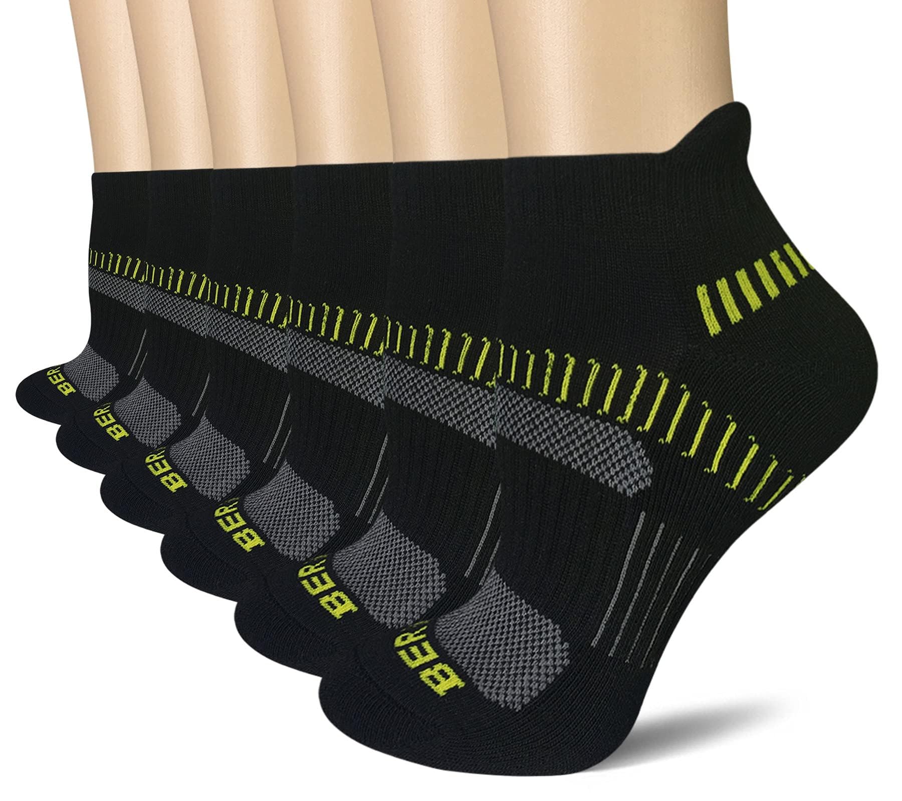 BERING Women's Athletic Running Cushioned Ankle Socks, Size 6-9, Black, 6 Pairs