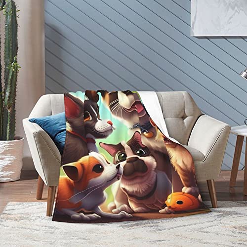 Pet Pals in The Grass - Flannel Fleece Blanket, Cat and Dog Printed, Ideal for Sofa, Bed, and Outdoor Camping, Soft and Comfortable, 50"x60"