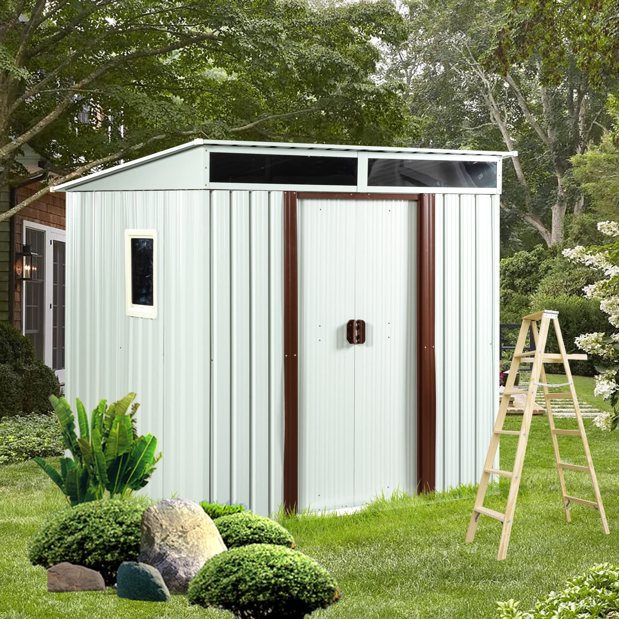 FRANSOUL 6ft x 5ft Outdoor Metal Storage Shed with Window, Outdoor Storage Shed with Lockable Sliding Doors, Floor Frame, Sun Protection, Waterproof Tool Storage Shed for Patio, Lawn,Backyard, White