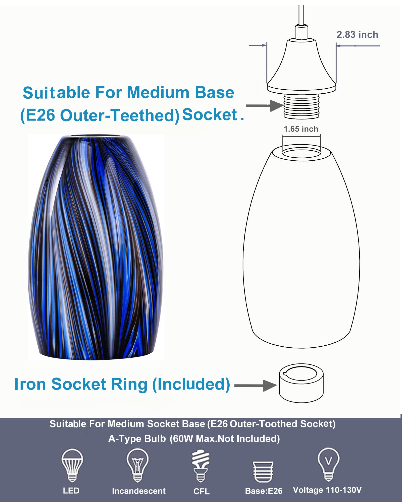 Karyfine Oval Glass Lamp Shade Only Art Glass Lamp Covers Light Fixture Replacement for Kitchen Island Mini pendant Ceiling Lights Chandelier Hand Blown Glass Shade Replacement (Brown and Blue)
