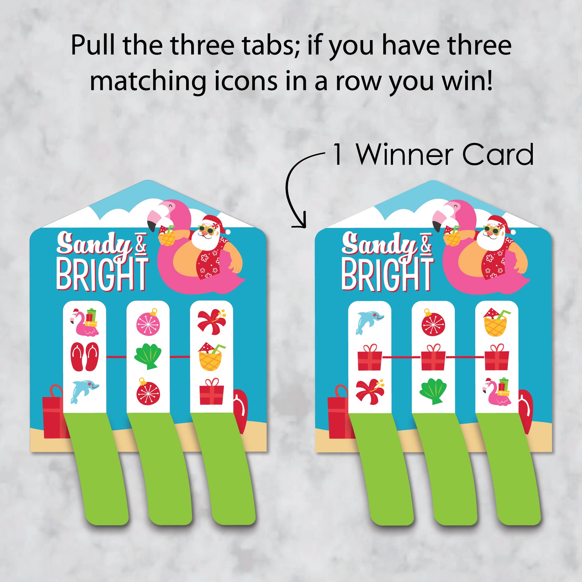 Big Dot of Happiness Tropical Christmas - Beach Santa Holiday Party Game Pickle Cards - Pull Tabs 3-in-a-Row - Set of 12
