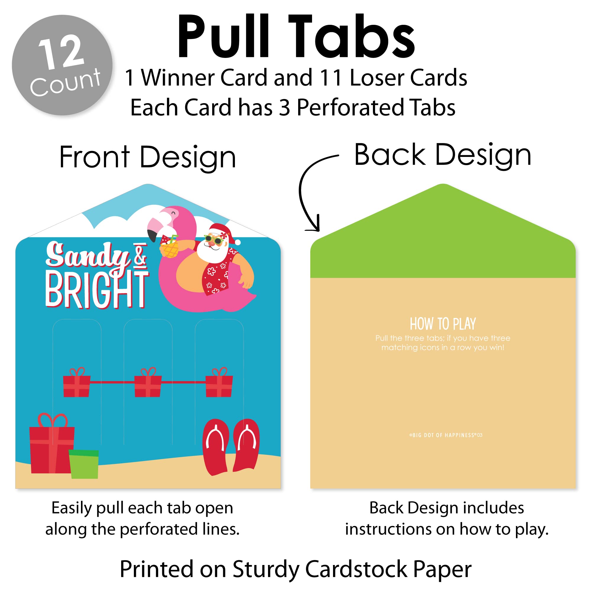 Big Dot of Happiness Tropical Christmas - Beach Santa Holiday Party Game Pickle Cards - Pull Tabs 3-in-a-Row - Set of 12
