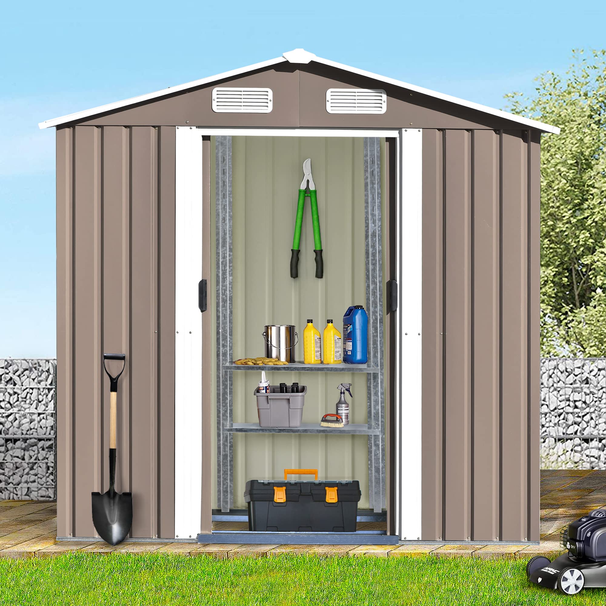 Merax Outdoor Storage Shed, 6 x 4 FT Metal Garden Shed Steel Tool Shed Storage House with Adjustable Shelf and Lockable Door,Tool Cabinet with Vents and Foundation for Backyard, Patio & Lawn, Brown