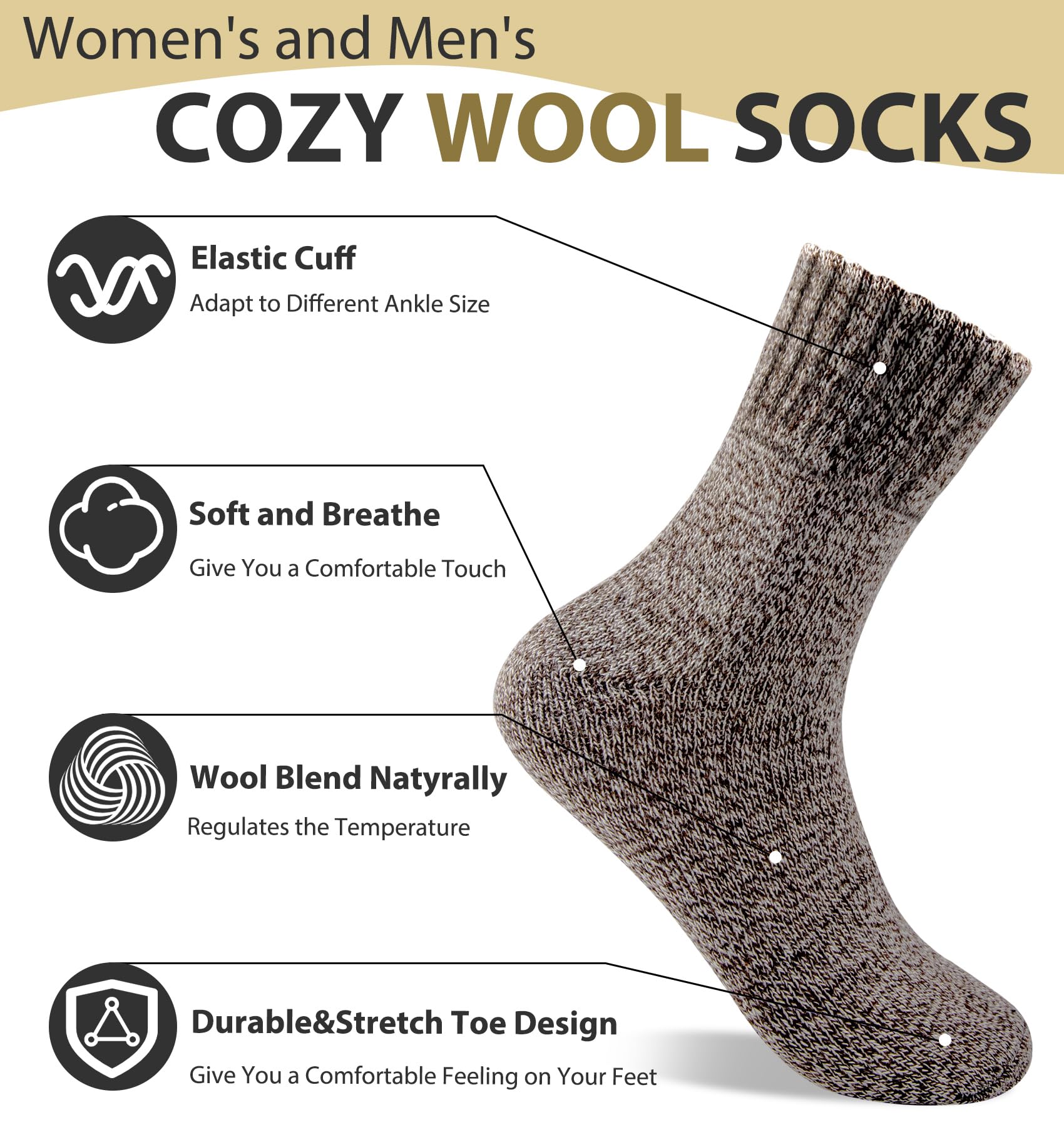 YSense 5 Pairs Women's Wool Socks - Thick Knit Warm Winter Socks; Cozy & Comfy Gifts