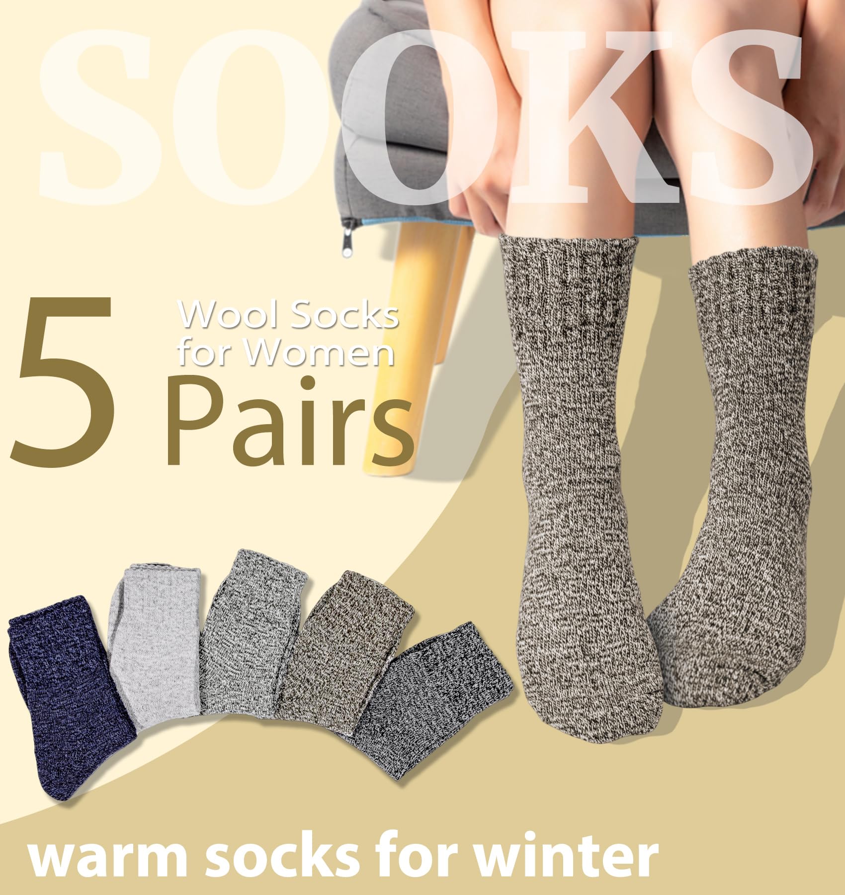 YSense 5 Pairs Women's Wool Socks - Thick Knit Warm Winter Socks; Cozy & Comfy Gifts