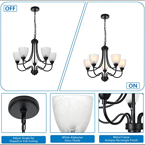MELUCEE Classic Modern Chandeliers for Dining Room with Alabaster Glass Shade, 5-Light Dining Room Light Over Table Contemporary Ceiling Light Fixtures Traditional for Foyer Kitchen Bedroom