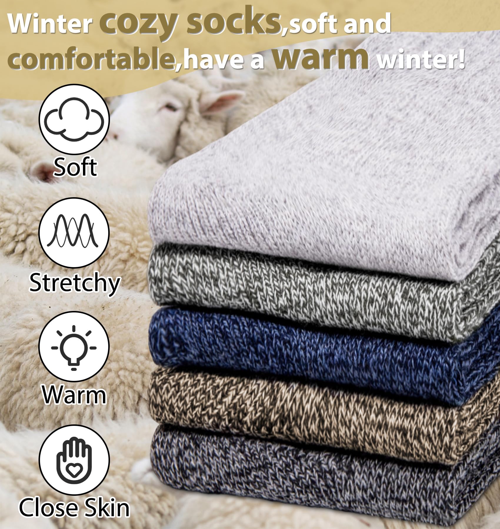 YSense 5 Pairs Women's Wool Socks - Thick Knit Warm Winter Socks; Cozy & Comfy Gifts
