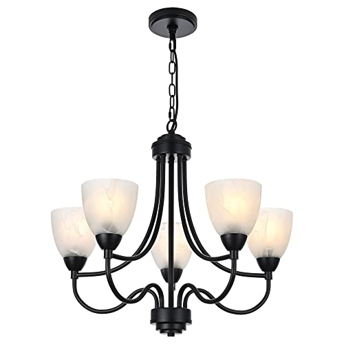 MELUCEE Classic Modern Chandeliers for Dining Room with Alabaster Glass Shade, 5-Light Dining Room Light Over Table Contemporary Ceiling Light Fixtures Traditional for Foyer Kitchen Bedroom